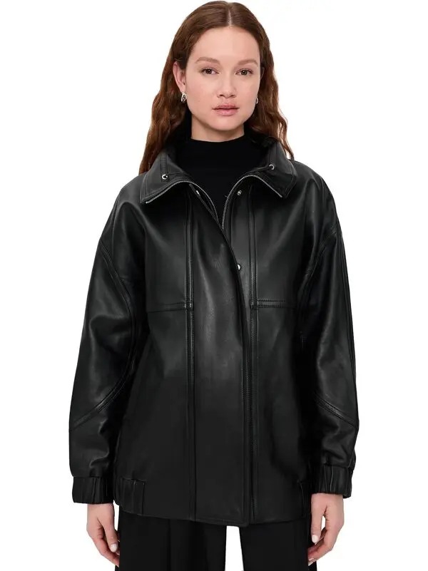 Theory High Neck Cinch Leather Jacket - Black