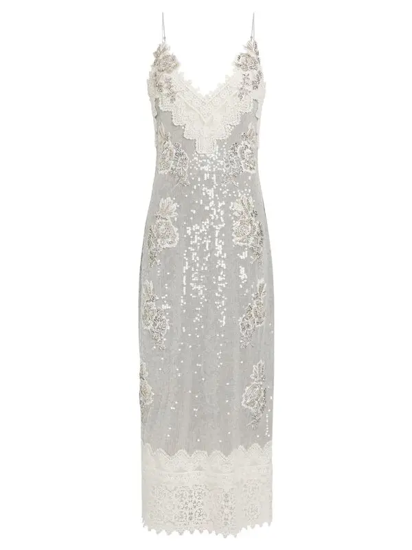 Erdem Embellished Lace-trim Chiffon Midi Slip Dress - Silver