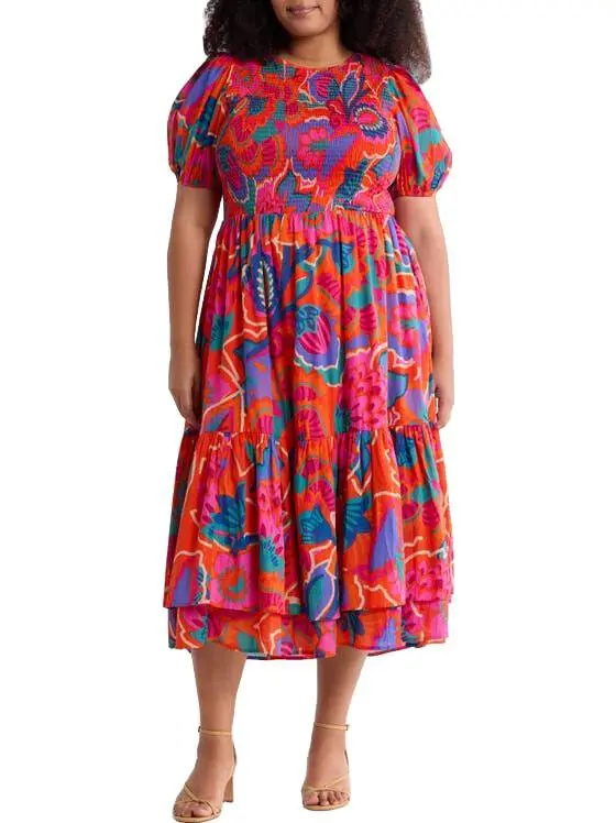 SUGARLIPS Smocked Midi Dress - Red-multi