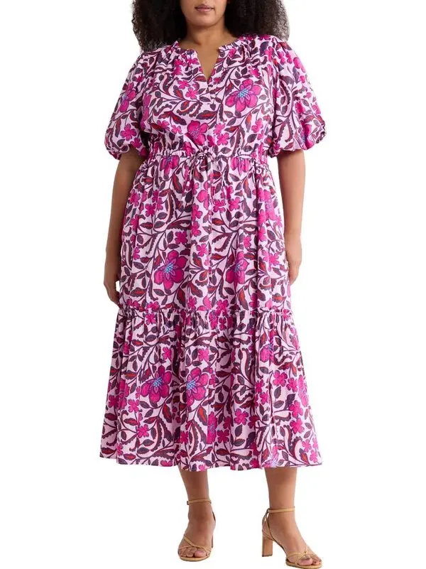 SUGARLIPS Floral Ginny Puff Sleeve Tiered Midi Dress - Pink-multi