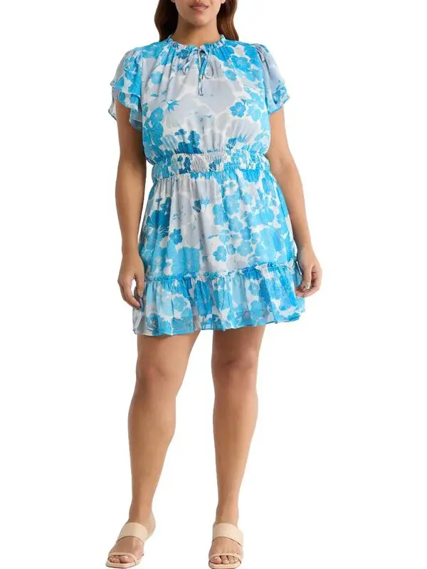 SUGARLIPS Kerela Floral Bumble Ruffle Dress - White-blue-combo