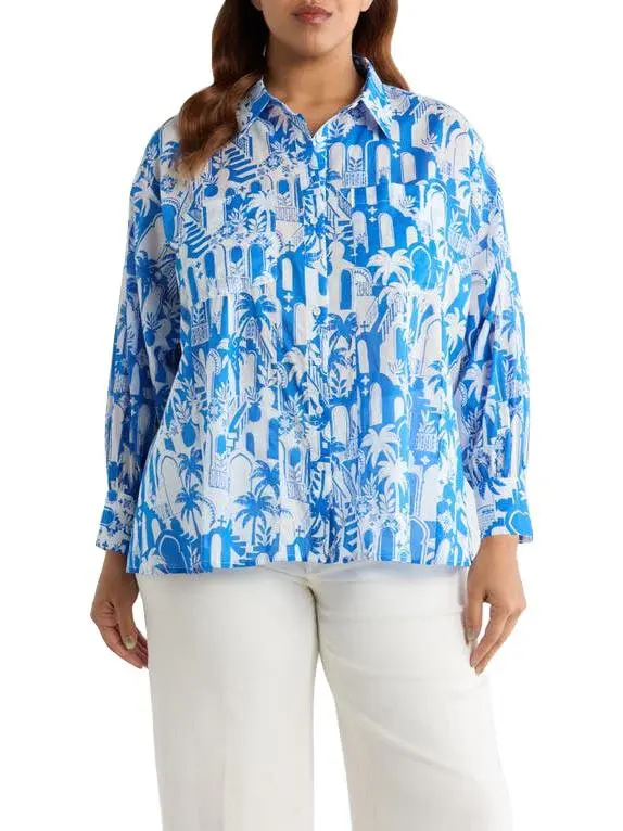 SUGARLIPS Nala Regie Printed Cotton Button-up Shirt - White-blue