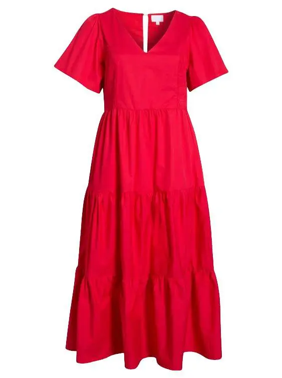 SUGARLIPS Alexis Poplin Tiered Midi Dress - Cherry-red