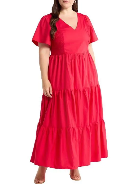 SUGARLIPS Alexis Poplin Tiered Midi Dress - Cherry-red