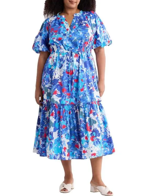 SUGARLIPS Floral Tiered Cotton Midi Dress - Cream-blue