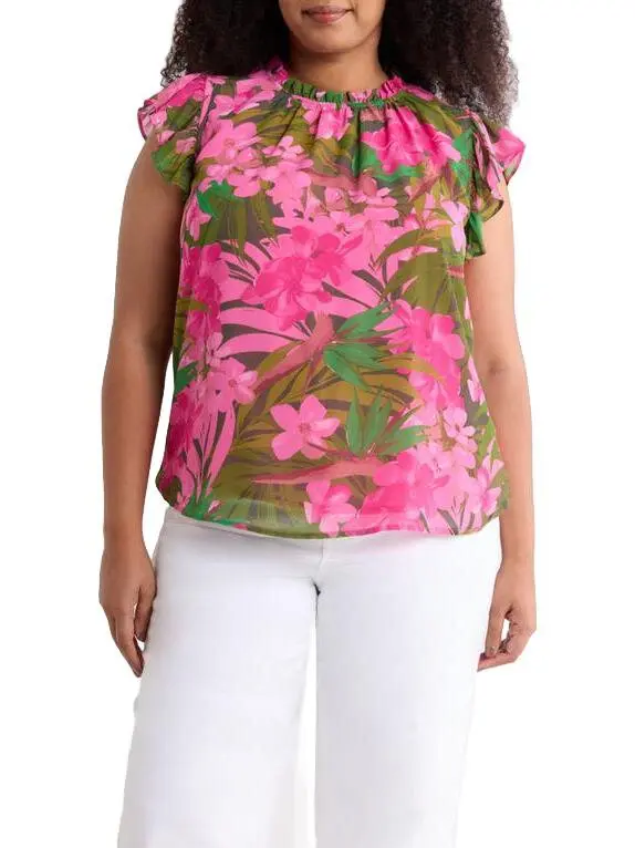 SUGARLIPS Floral Cap-sleeve Top - Green-pink-coral