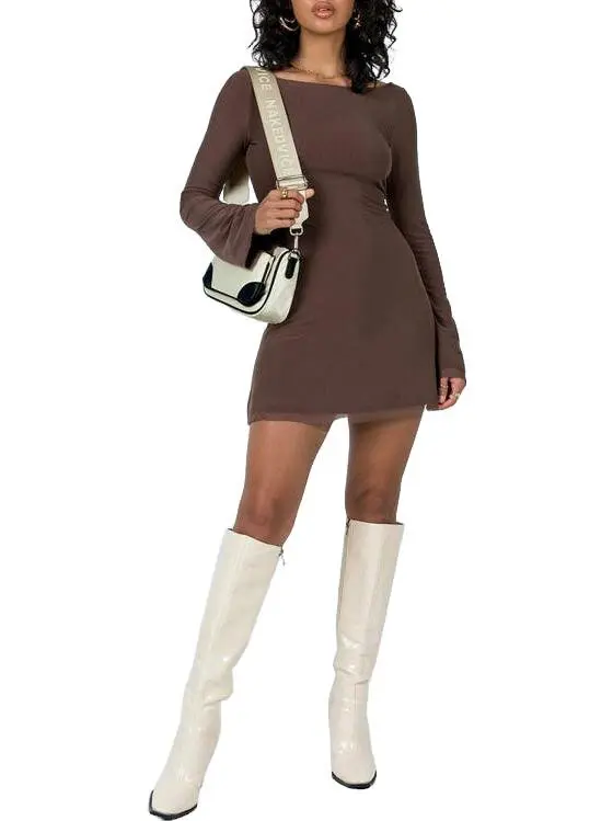Princess Polly Lukea Long Sleeve Mesh Mini Dress - Brown