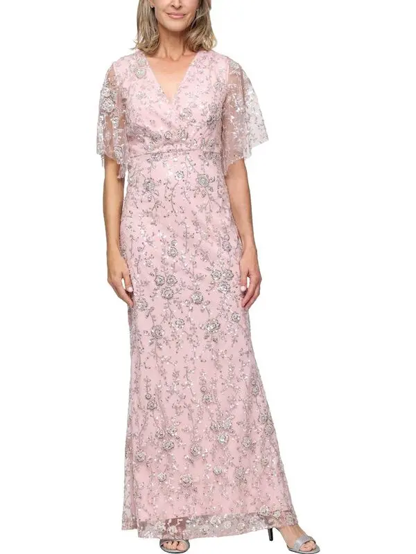 SL FASHIONS Beaded Surplice Neck Gown - Blush