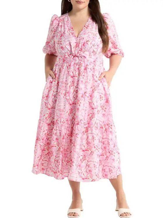 Caslon Floral Twist Front Midi Dress - Ivory- Pink Daisy Garden