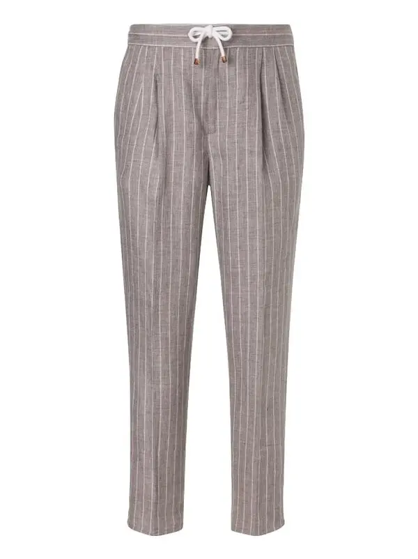 Brunello Cucinelli Chalk Stripe Linen Twill Tapered Pants - Brown