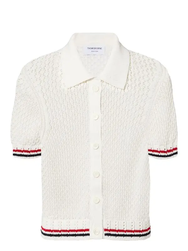 Thom Browne Pointelle Cotton Polo Top With Signature Striping - White