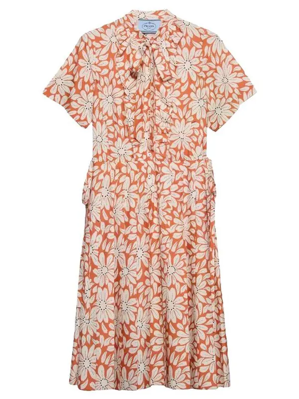 Prada Printed Pleated Pongé Dress - Orange