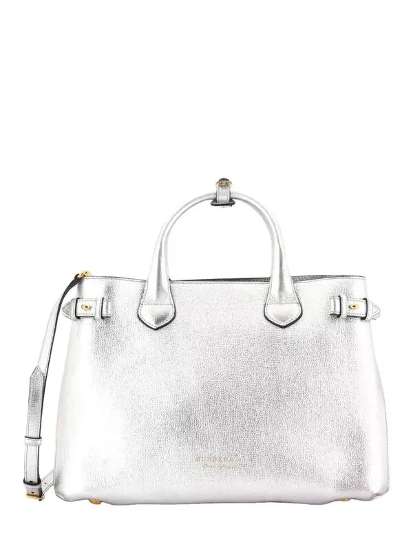 Burberry Banner Tote Leather And House Check Canvas Medium Satchel - Silver