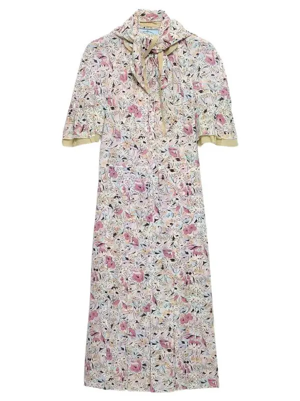 Prada Floral Print Georgette Dress With Scarf - Neutrals