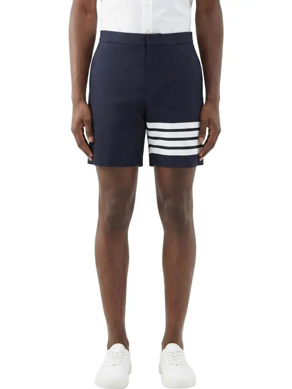 Thom Browne Slim Fit Viscose Blend Shorts With Signature Stripes - Navy