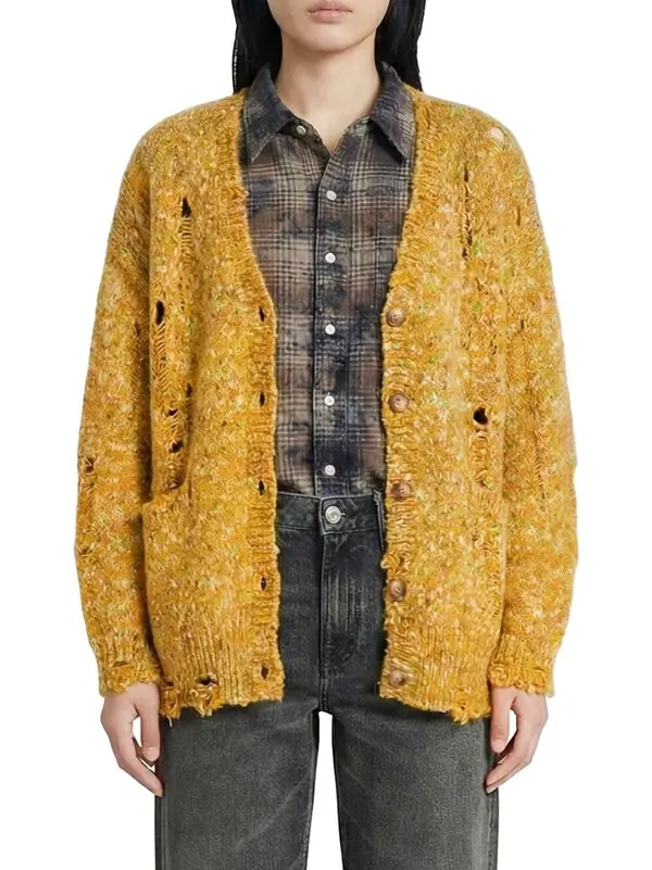 R13 Alpaca Wool Blend Distressed Cardigan - Yellow