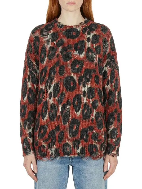 R13 Animal Print Distressed Cotton Knit Top - Red