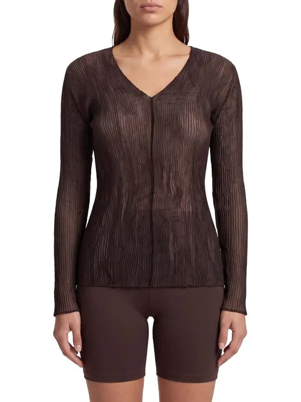 Issey Miyake Long Sleeve V-neck Top - Brown