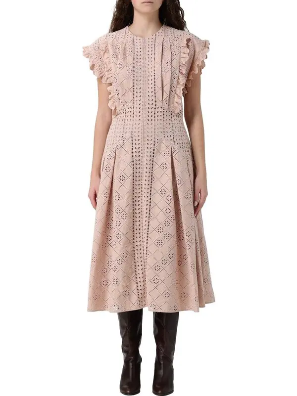 Alberta Ferretti Broderie Anglaise Midi Dress - Beige