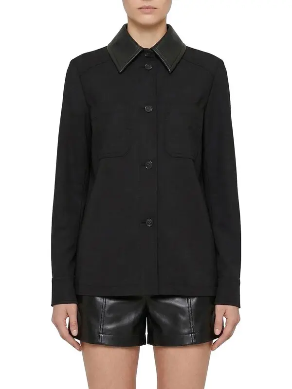 Sportmax Cotton Blend Shirt Jacket With Leather Collar - Black