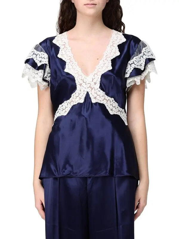 Alberta Ferretti Satin Blouse With Lace Inserts - Blue