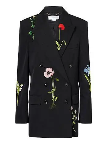 Stella McCartney Floral-embroidery Double-breasted Wool Blazer - Black