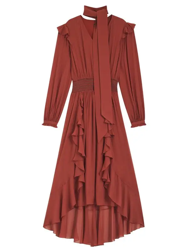 BOSS Crepe Georgette Dress With Detachable Scarf - Dark Red