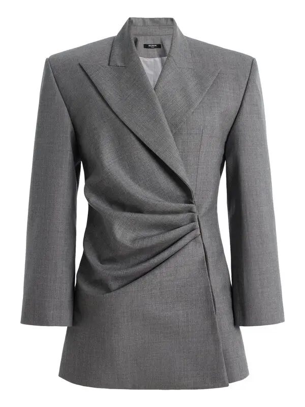 Balmain Draped Wool Jacket Dress - Grey