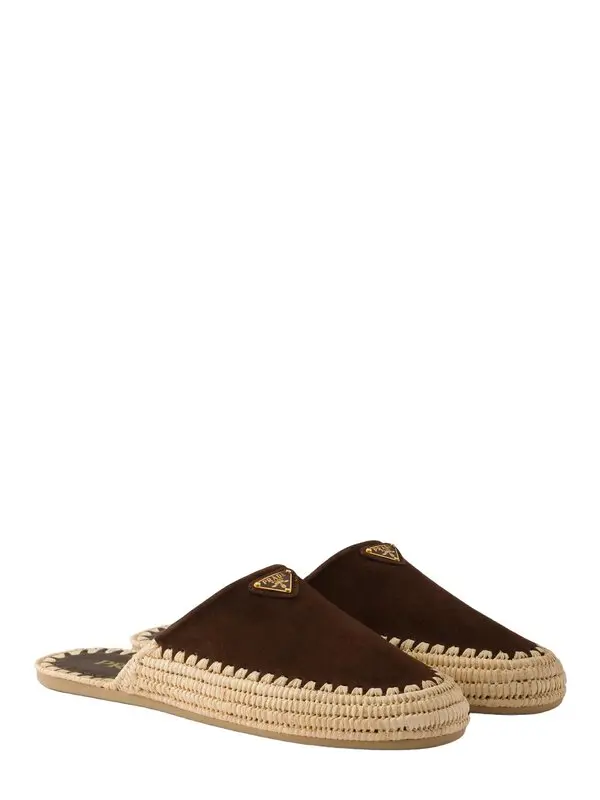 Prada Suede Mules With Woven Raffia - Brown
