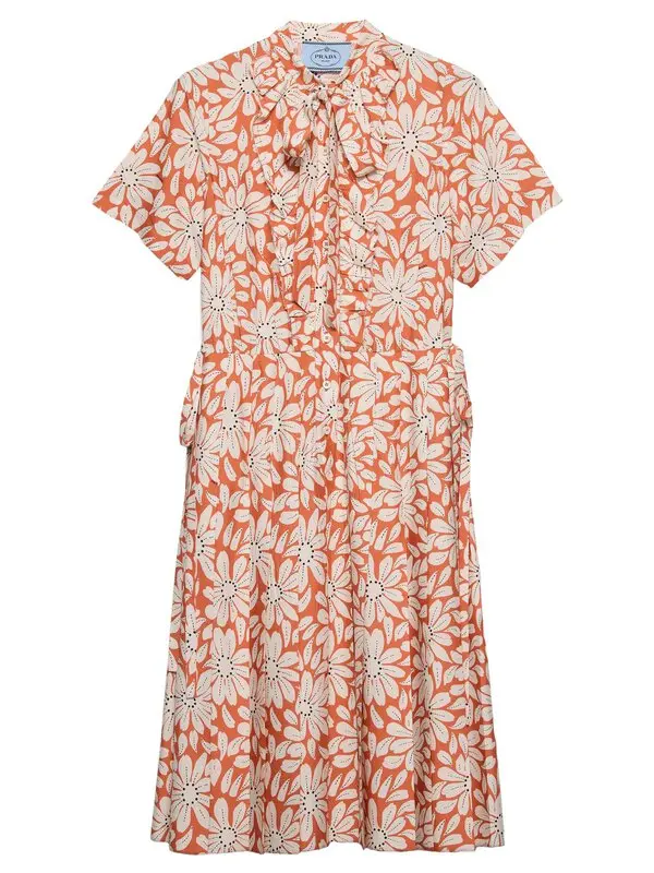 Prada Printed Pleated Pongé Shirtdress - Orange