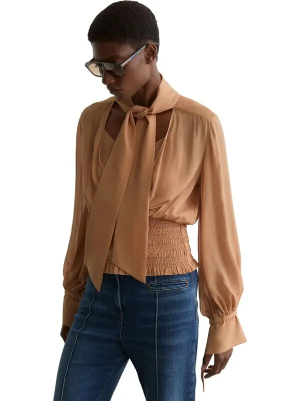 REISS Phoebe Tie-neck Shirred Blouse - Rust Orange