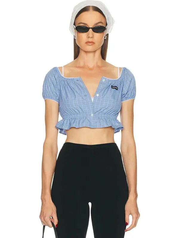 Miu Miu Cropped Check Blouse - Celeste