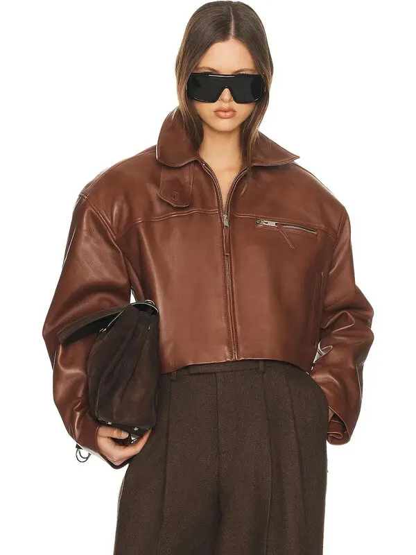 HELSA Leather Oversized Moto Jacket - Chestnut