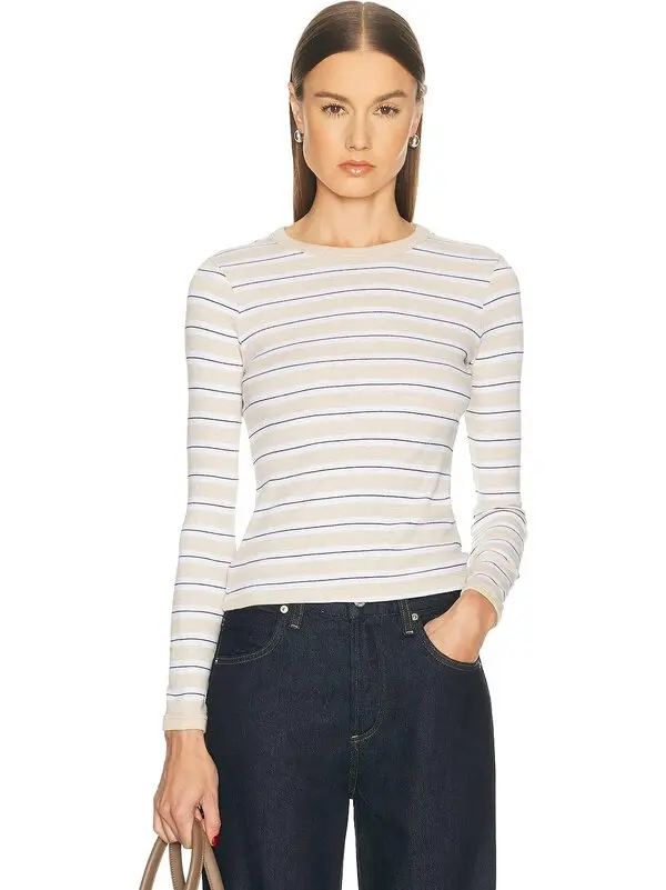 Enza Costa Cotton Stripe Long Sleeve Top - Wheat & White