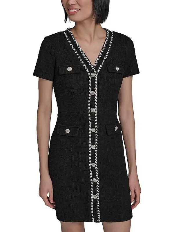 Karl Lagerfeld Paris Beaded Trim Knit Tweed Sheath Dress - Black