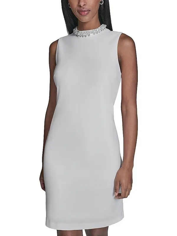 Karl Lagerfeld Paris Embellished Neck Scuba Crepe Dress - Soft White