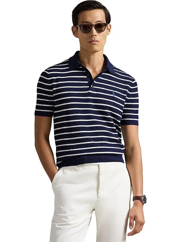 Polo Ralph Lauren Striped Cotton Linen Polo Collar Sweater - Navy