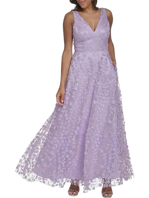 Eliza J Floral Appliqued V-neck Gown - Lava