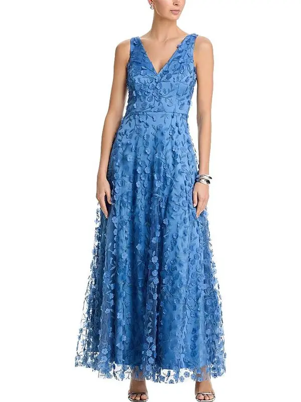 Eliza J Floral Appliqued V-neck Gown - Slate