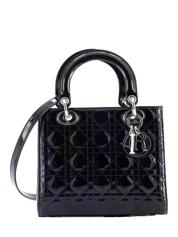 Dior Lady Cannage Quilt Patent Medium Satchel - Black