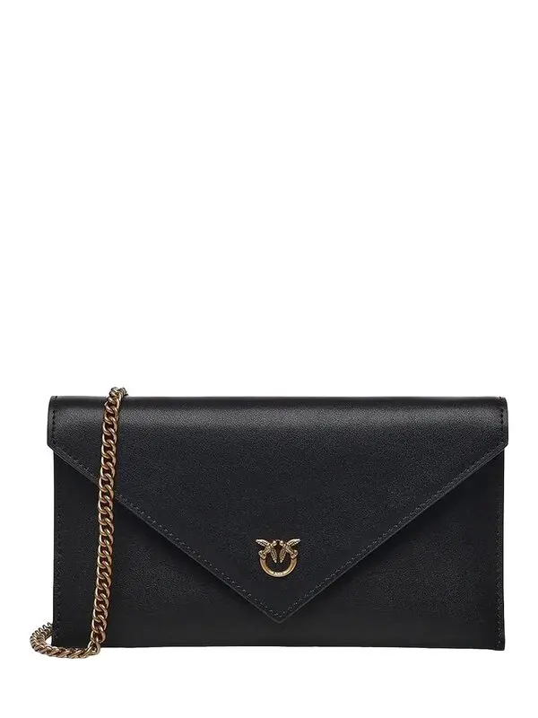 Pinko Leather Clutch With Metal Love Birds Logo - Black