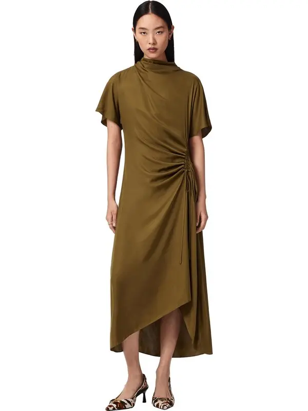 ALLSAINTS Rosie Silk Blend Midi Dress - Khaki Green