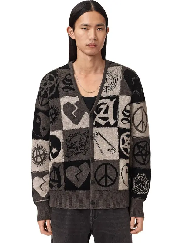 ALLSAINTS Barker Jacquard Cotton Knit Cardigan - Brown/black