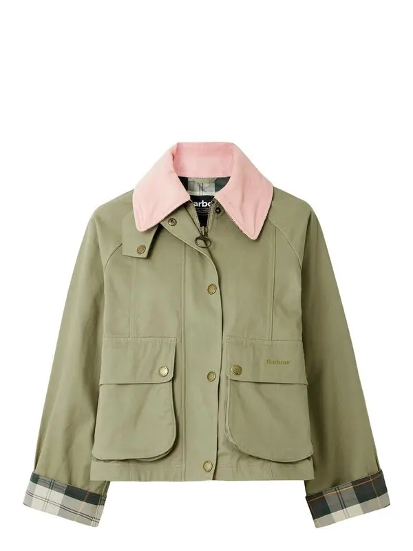 Barbour Beadnell Corduroy-trimmed Cropped Cotton-twill Jacket - Green