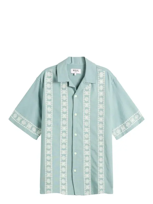 WAX LONDON Didcot Placement Border Vacation Shirt - Sea Green/ecru