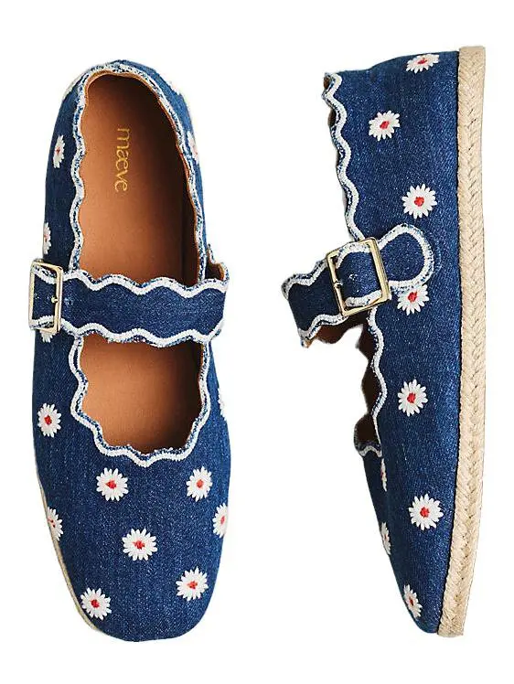 Maeve Scalloped Espadrille Mary Jane Flats - Dark Denim