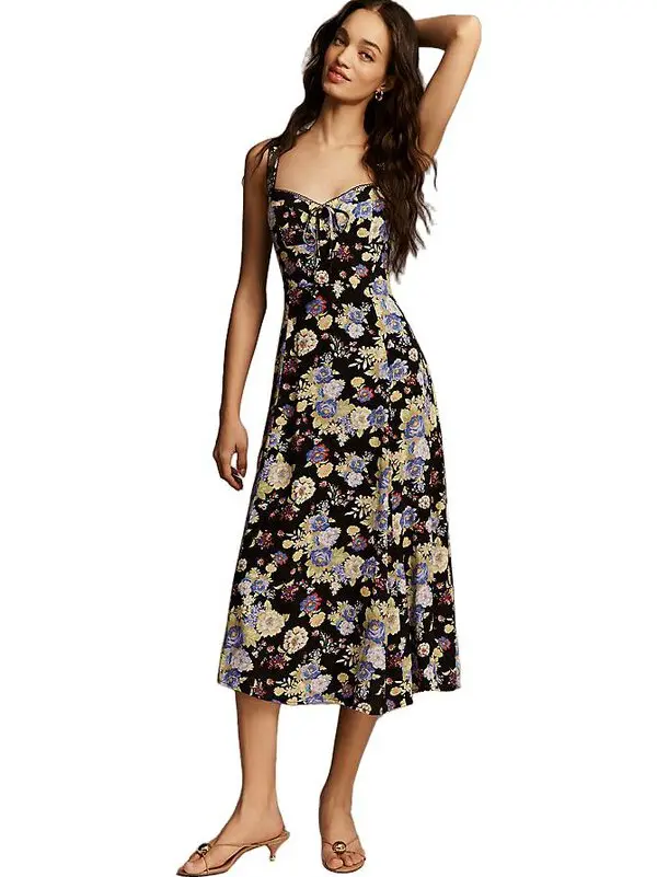 Maeve Printed Sweetheart Midi Dress - Black Floral