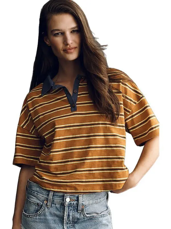 PILCRO Short-sleeve Polo Top - Orange Stripe