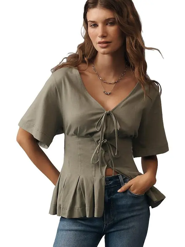 Anthropologie Waisted Tie-front Top - Sea Spray