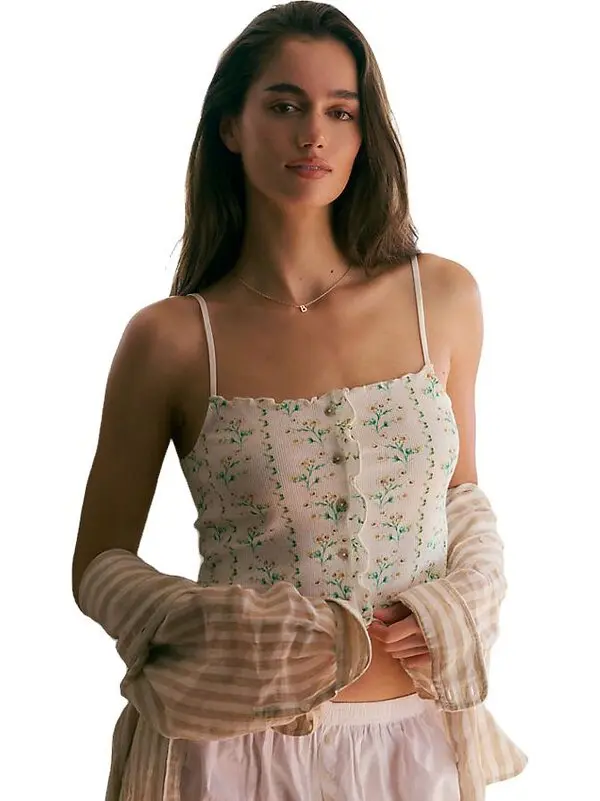 LYREBIRD Printed Cotton Rib Cami - Ivory Pattern